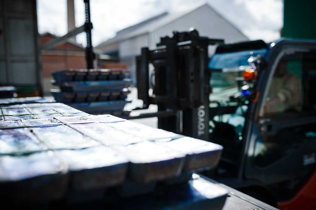 Lead ingots and the production of reusable lead at Campine in Beerse.